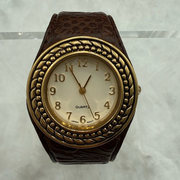 Avon | Accents | Vintage Avon Gold Tone Cuff Watch Brown Wide Band ...
